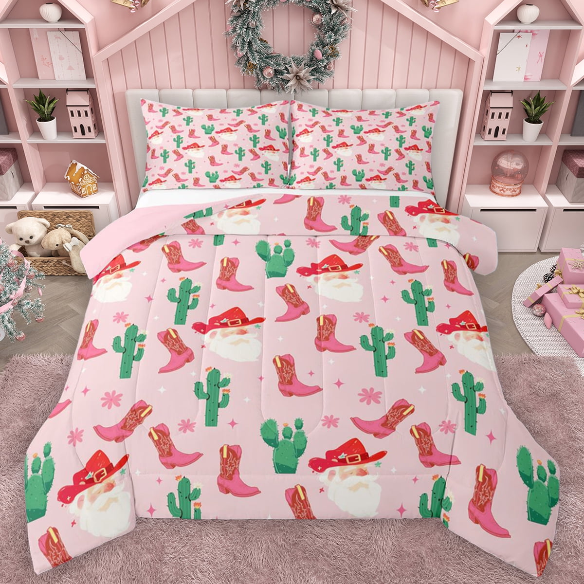 Feelyou Pink Cowgirl Boot Full Size Comforter Sets for Girl, Cartoon ...