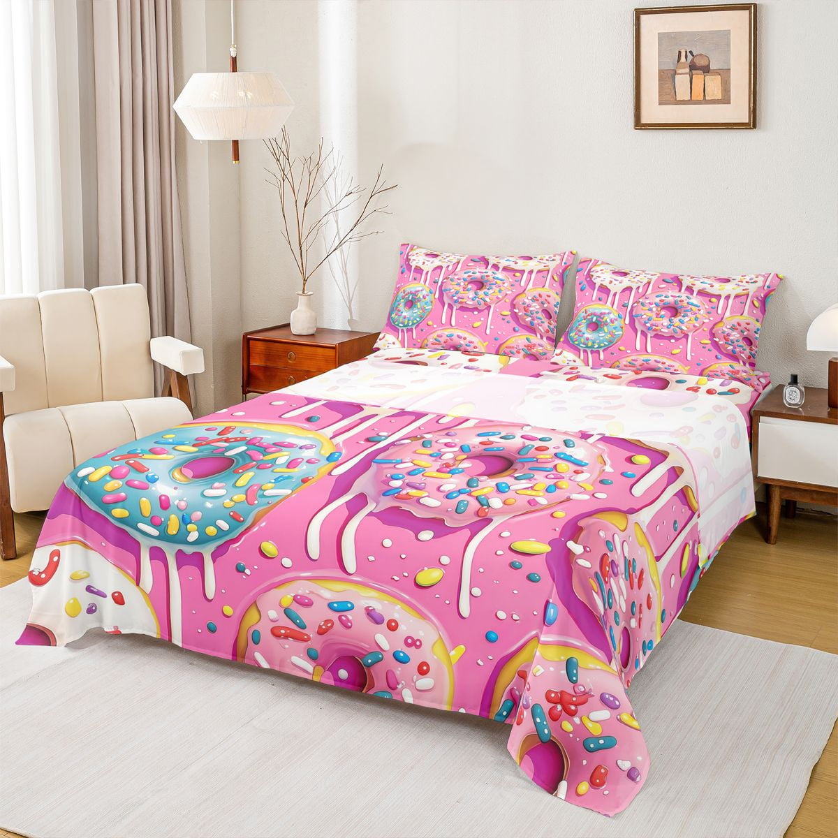 Feelyou Pink Donut Kids Twin Sheet Sets, Cartoon Dessert Party Bedding ...