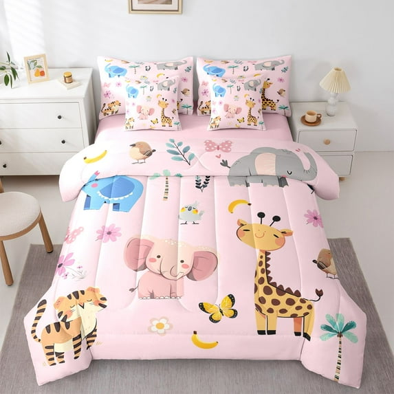 Feelyou Pink Elephant Animal Twin Bedding Sets 7pcs, Giraffe Tiger ...