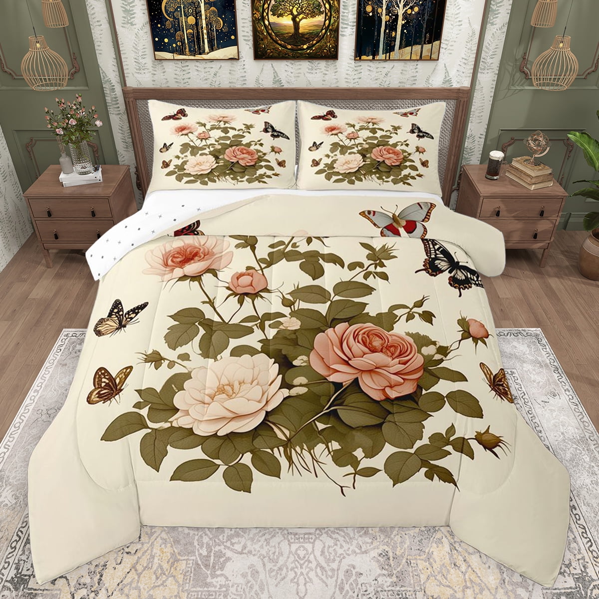 Feelyou Pink Floral Flower Queen Comforter Set for Women, Rustic ...