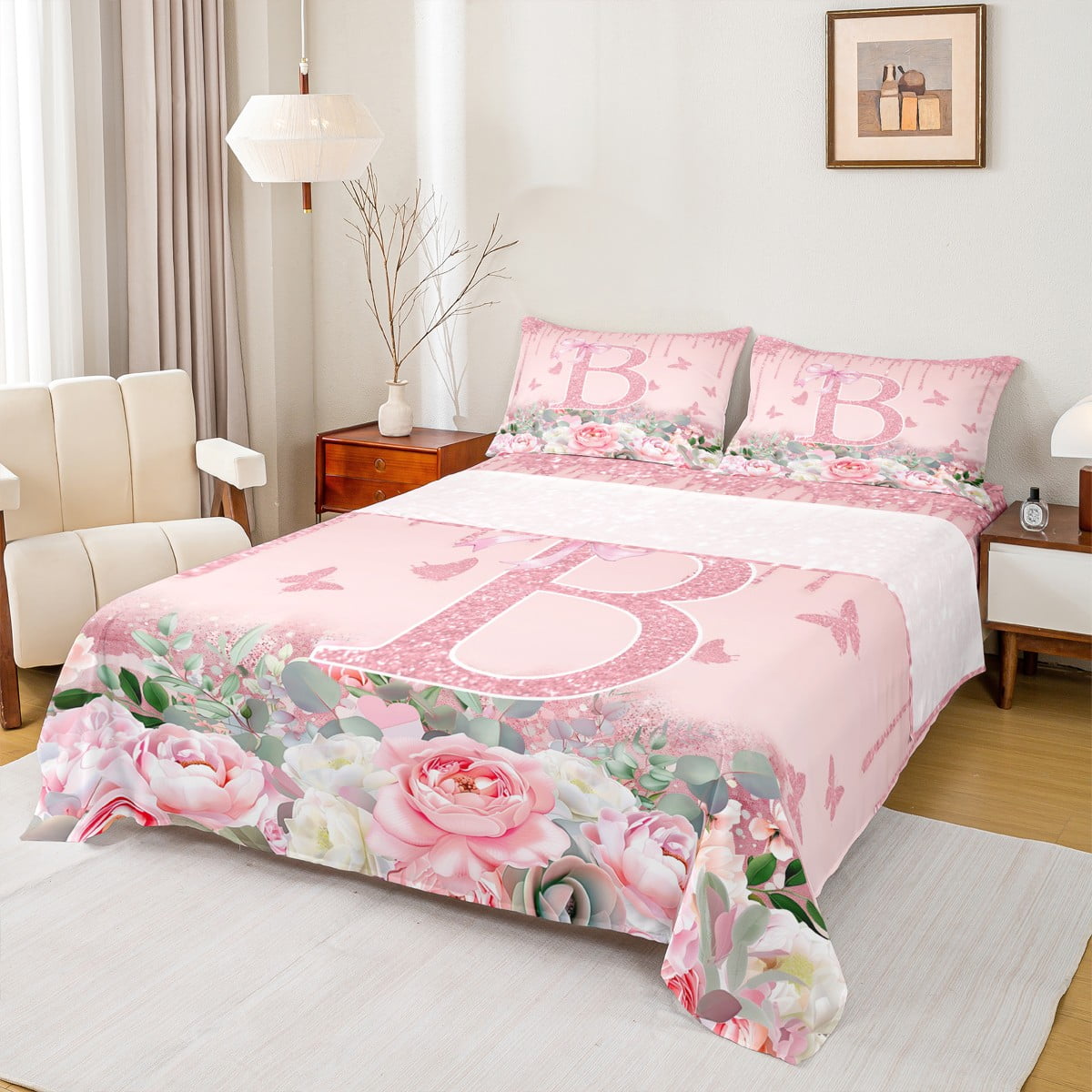 Feelyou Pink Glitter Monogrammed Full Size Sheets for Girls, Butterfly ...