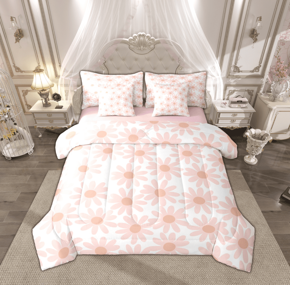 Feelyou Pink Groovy Flower Twin Bedding Sets 7-Piece for Girls, Rustic ...