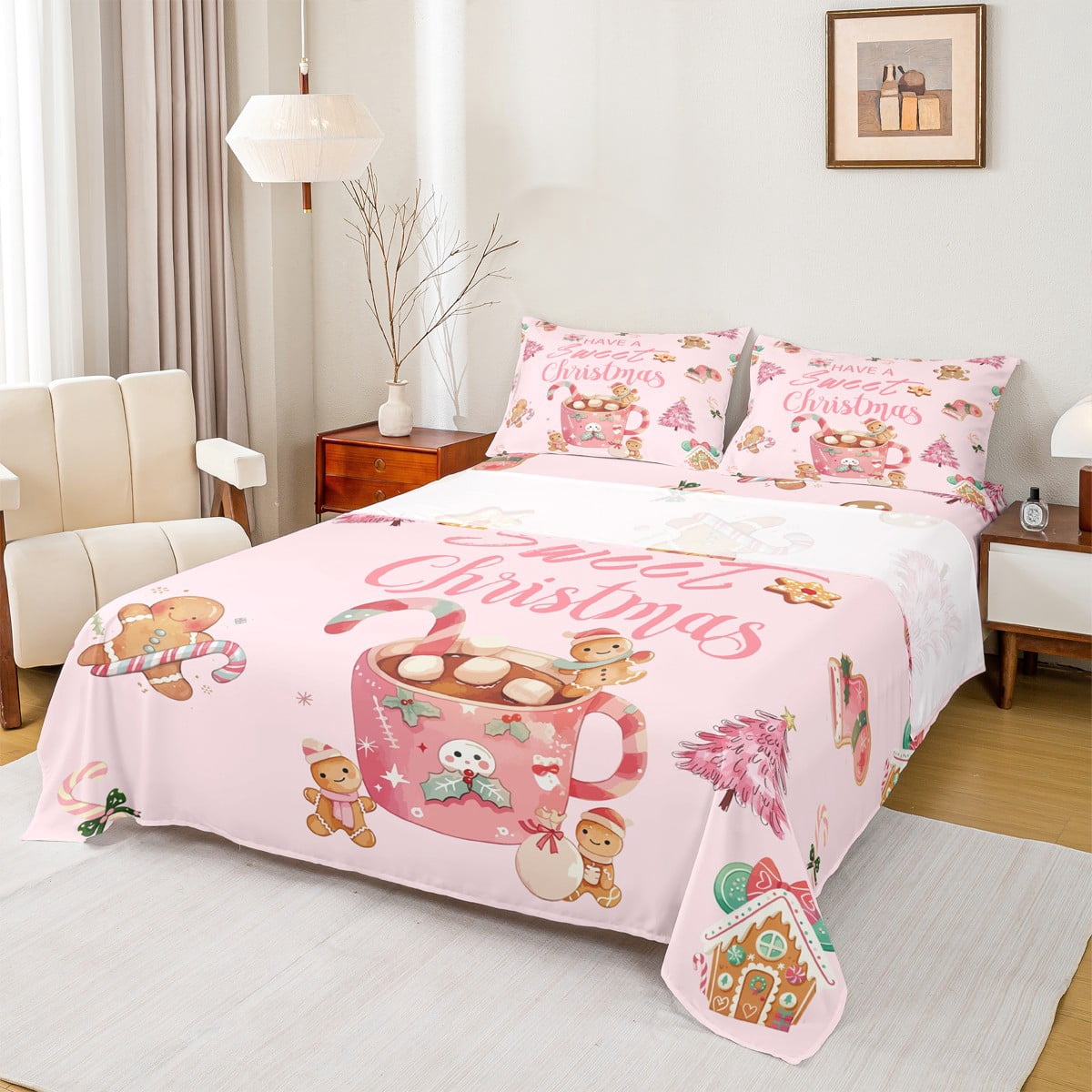 Feelyou Pink Happy Christmas Twin Sheet Sets for Kid, Kawaii ...