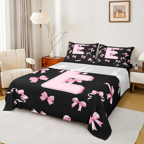 Feelyou Pink Initial E Letter Queen Sheet Sets, Princess Cartoon Ribbon ...