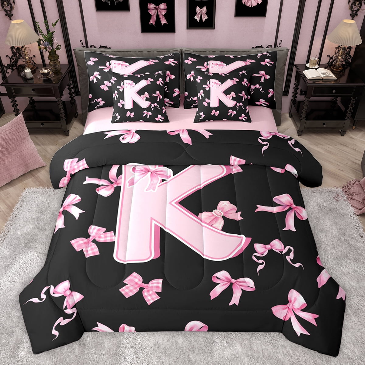 Feelyou Pink Initial K Letter Bedding Comforter Set 7pcs, Princess ...