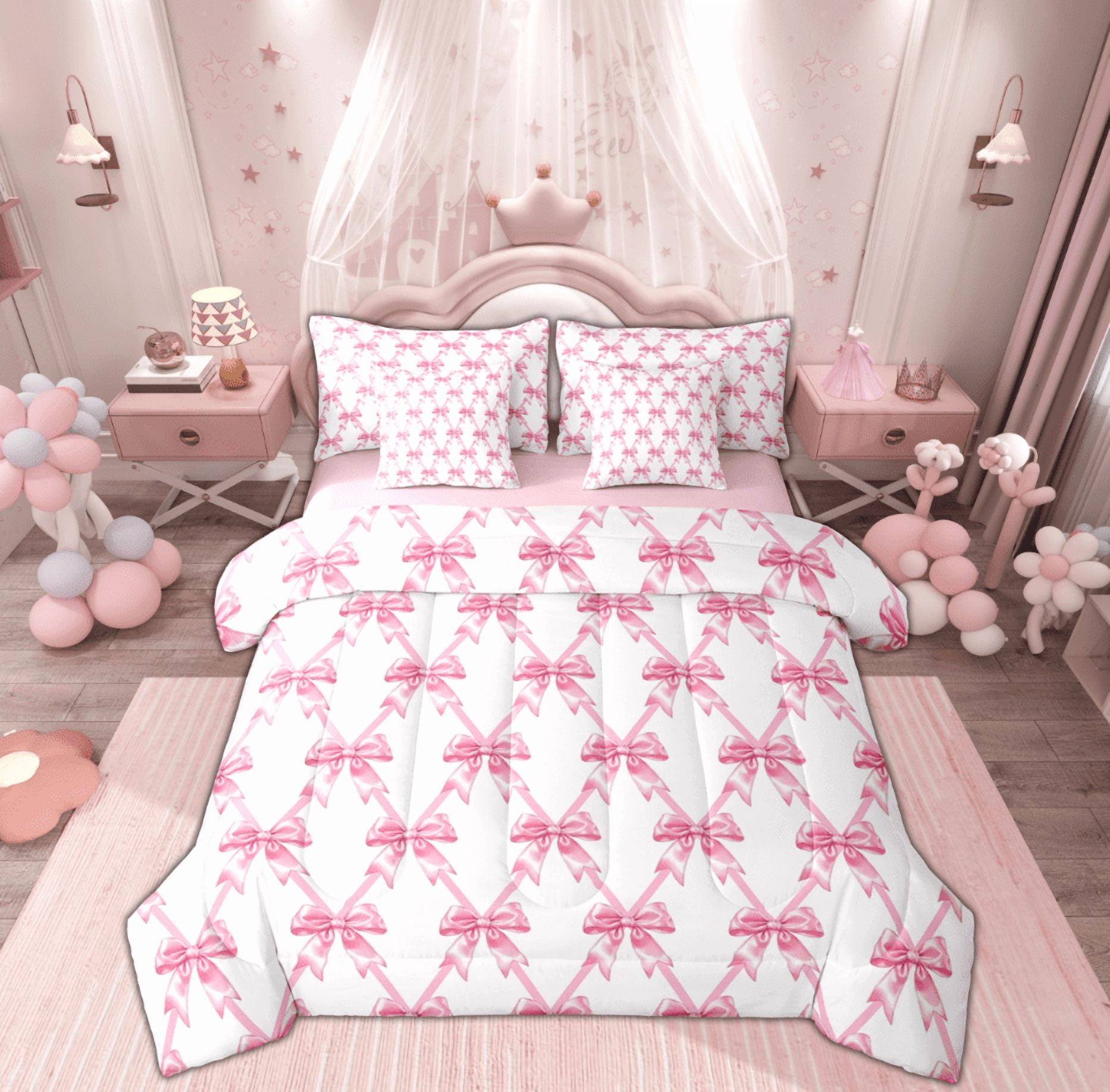 Feelyou Pink Kawaii Ribbon Bedding Comforter Set 7pcs, Cartoon Stars ...