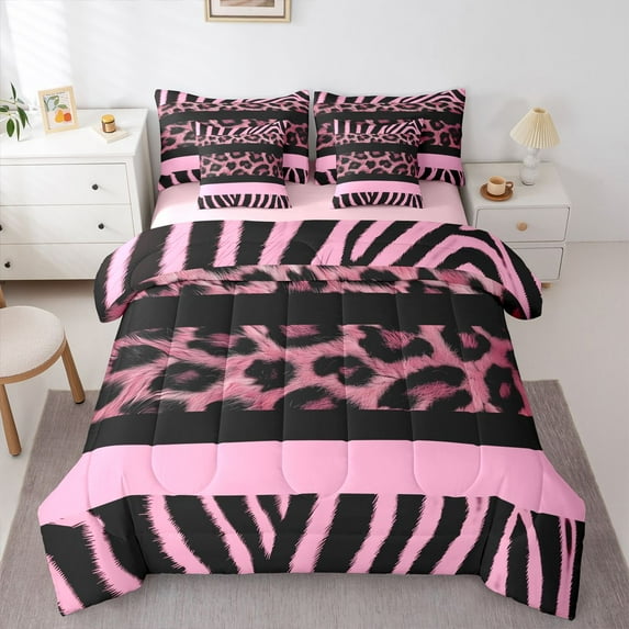 Feelyou Pink Leopard Print Comforter Set 7pcs, Zebra Cheetah Wildlife ...