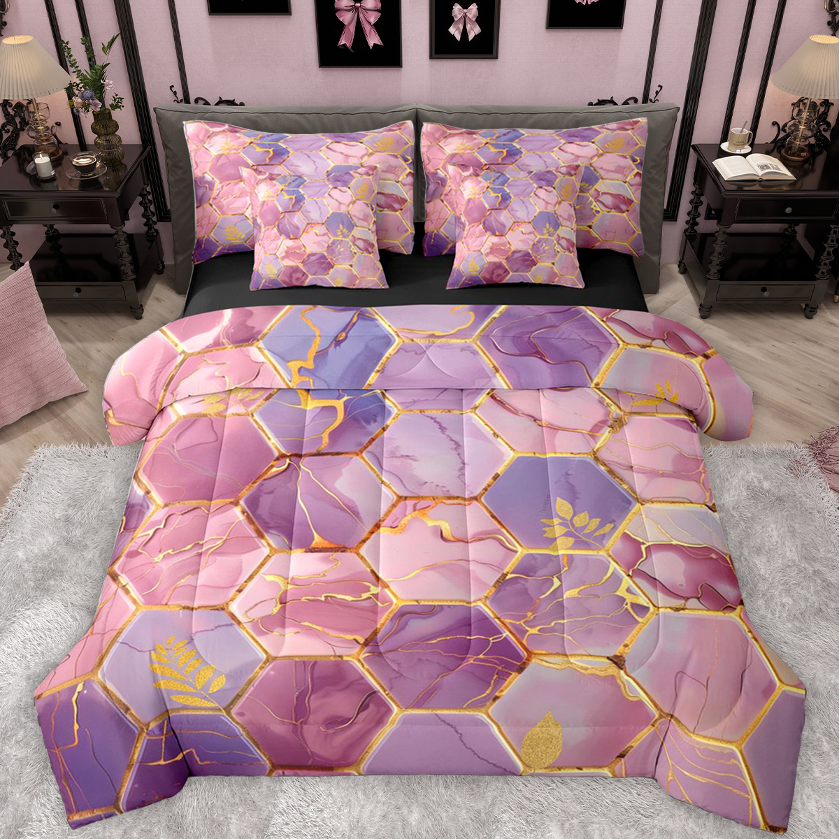 Feelyou Pink Marble Ombre Bedding Comforter Set 7pcs, Gold Honeycomb ...