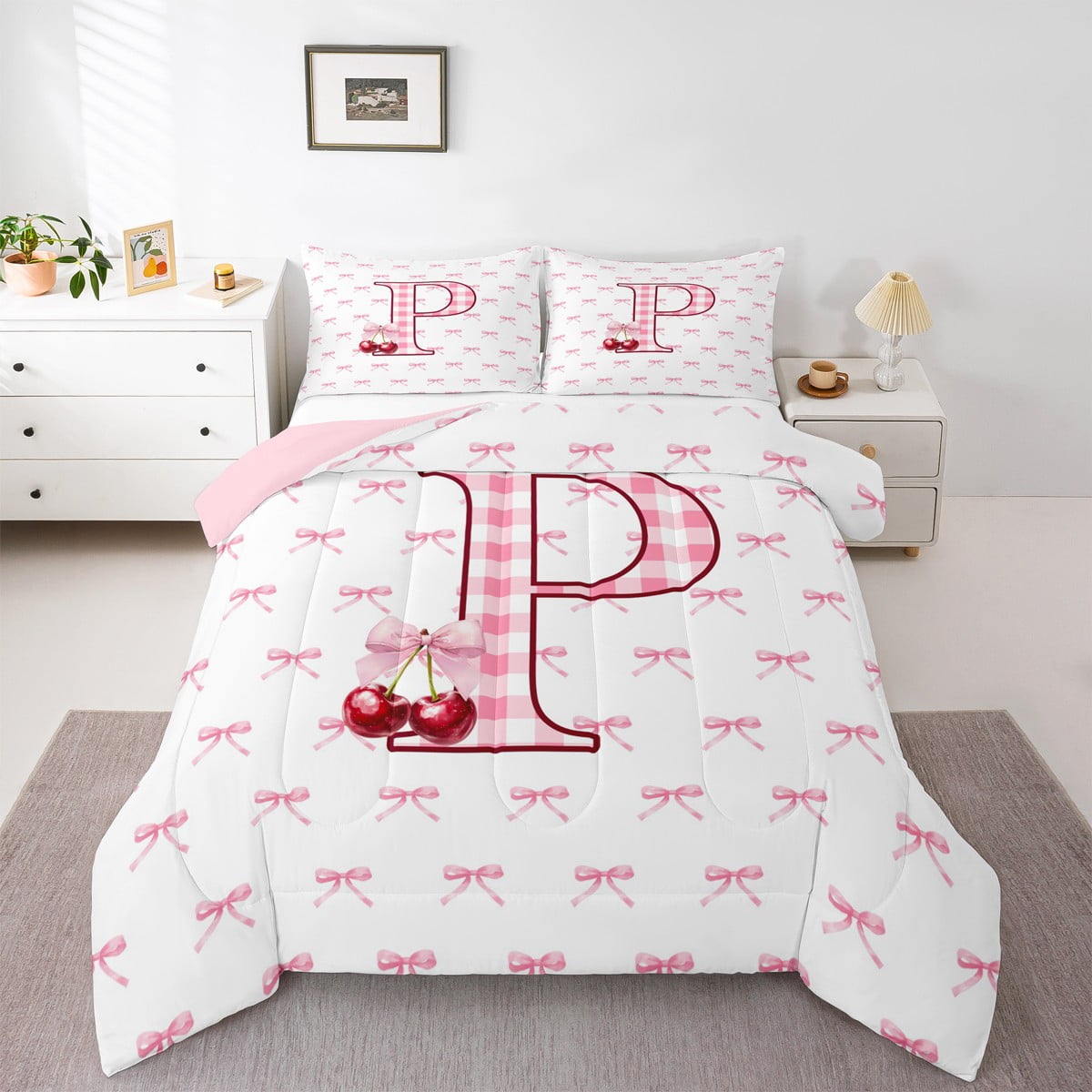 Feelyou Pink Monogrammed P Queen Comforter Set, Cartoon Bowknot Cherry ...
