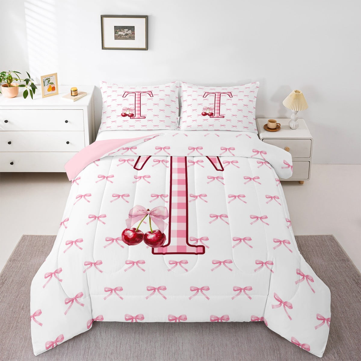Feelyou Pink Monogrammed T Full Size Comforter Sets, Cartoon Bowknot ...