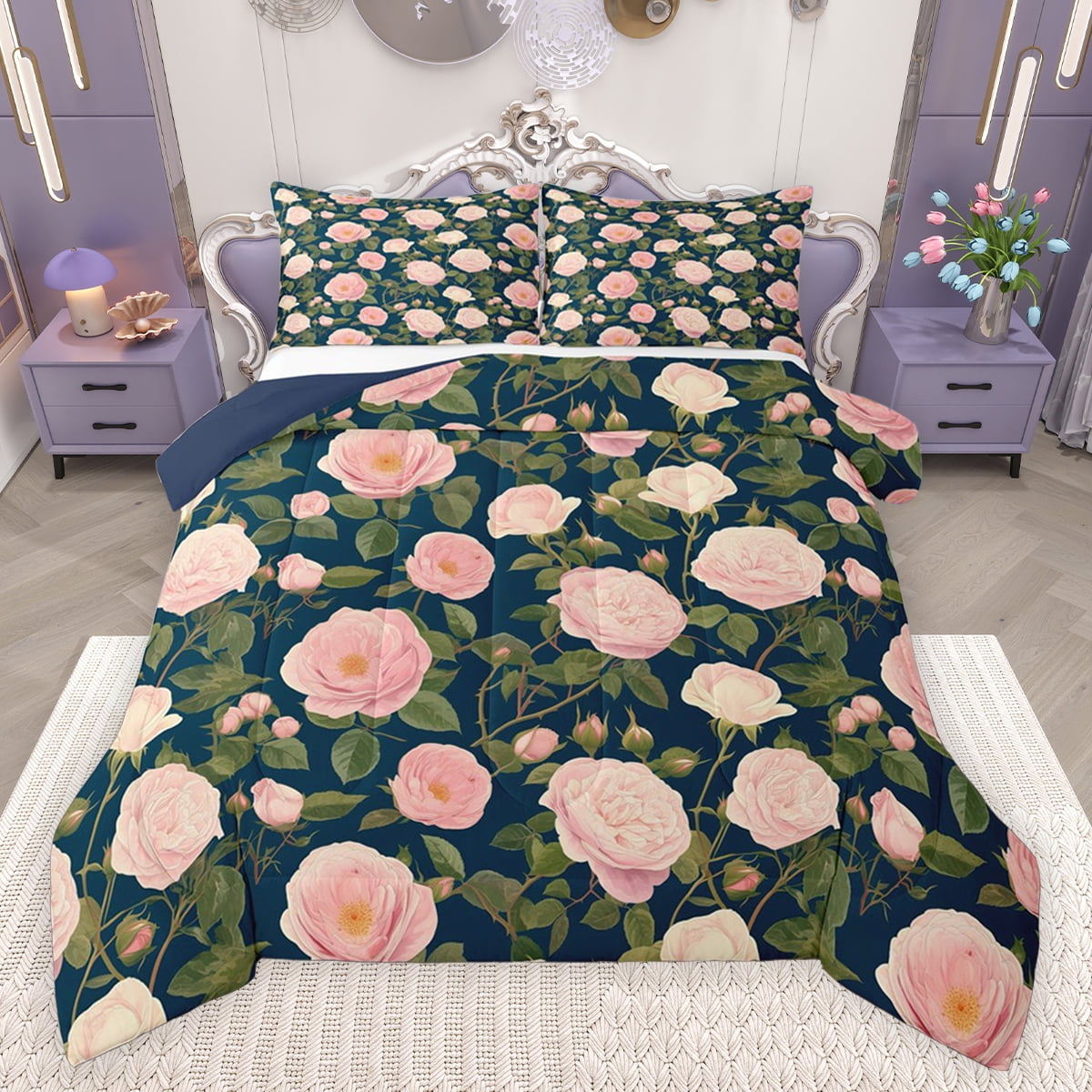 Feelyou Pink Peony Floral Bedding Comforter Set for Women, Green Leaf ...