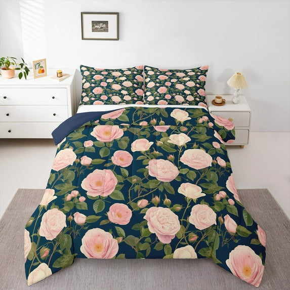 Feelyou Pink Peony Floral Full Size Comforter Sets for Women, Green ...