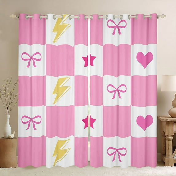 Feelyou Pink Plaid Curtains Pack of 2 (52x84 Each), Lightning Bowknot ...