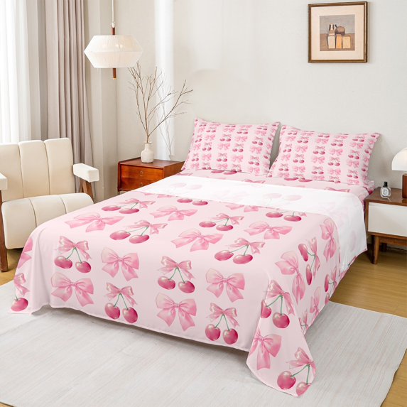 Feelyou Pink Princess Bow Full Size Sheets, Cartoon Bow-tie Cherry Bed ...