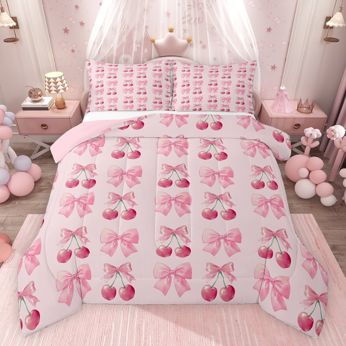 Feelyou Pink Princess Bow Queen Comforter Set, Cartoon Bow-tie Cherry ...