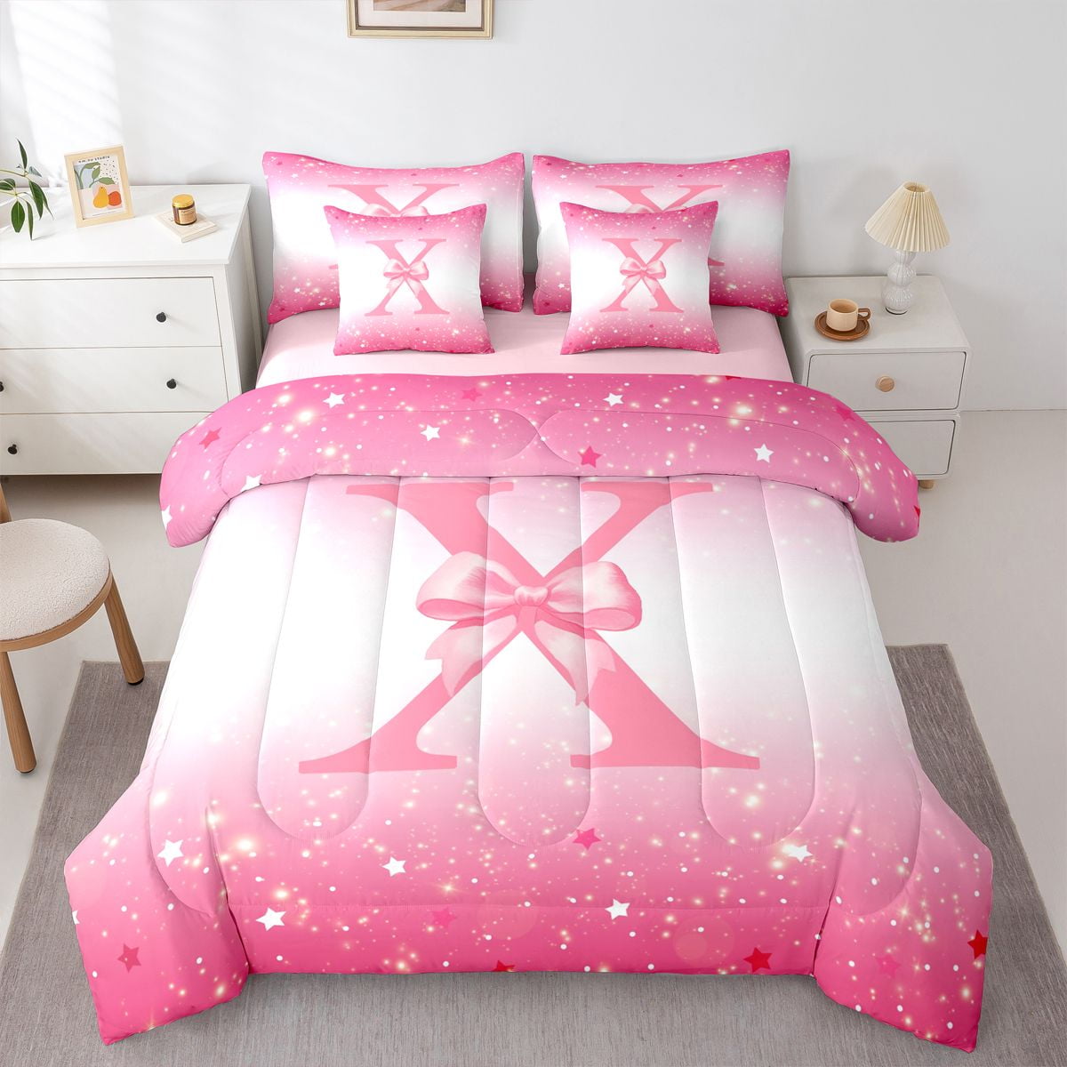 Feelyou Pink Princess Bow Twin Bedding Sets 7-Piece, Monogrammed X ...