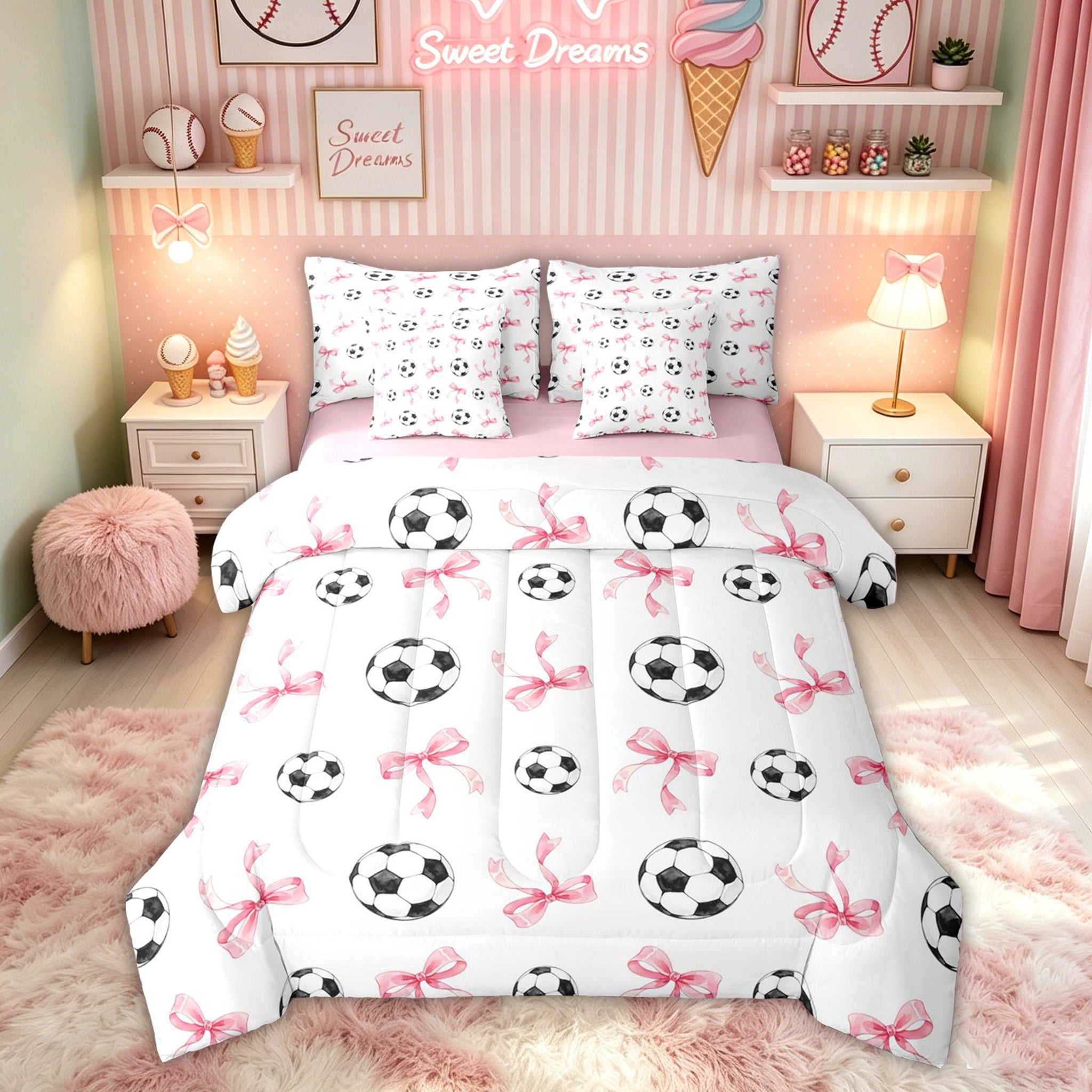 Feelyou Pink Princess Bow Twin Bedding for Girls, Cartoon Football ...