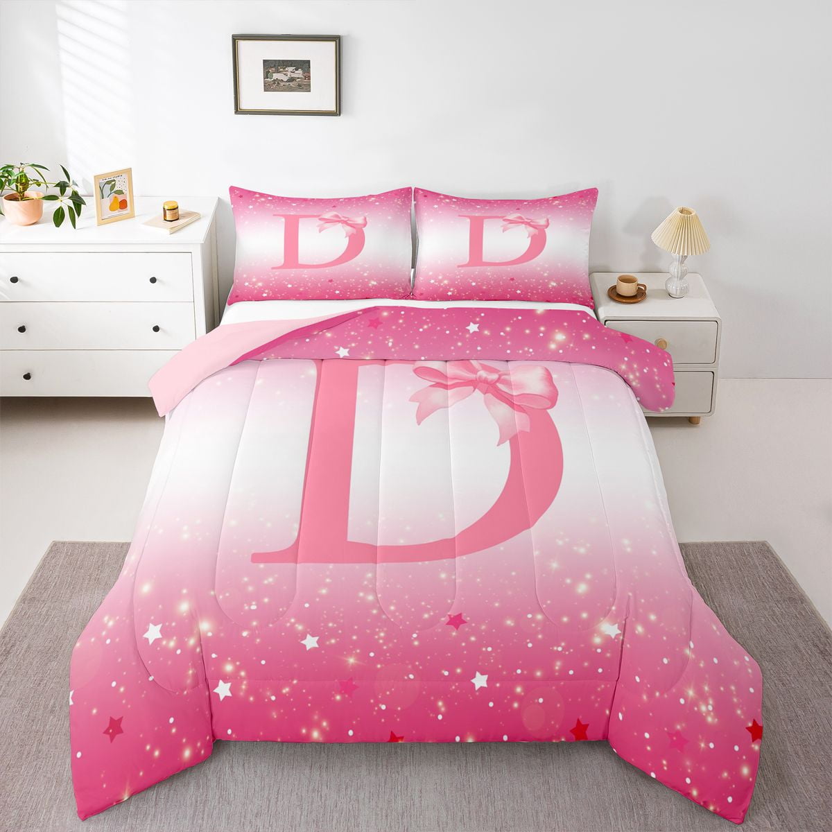 Feelyou Pink Princess Bow Twin Comforter Sets, Teens Monogrammed D ...
