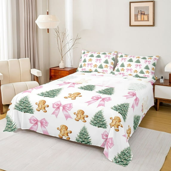 Feelyou Pink Ribbon Teen Twin Sheet Sets, Xmas Tree Gingerbread Man ...