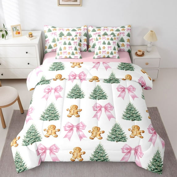 Feelyou Pink Ribbon Twin Bedding Sets 7pcs, Xmas Tree Gingerbread Man ...