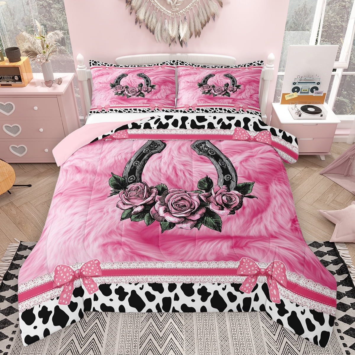 Feelyou Pink Rose Bowknot Queen Comforter Set, Western Horse Shoes ...