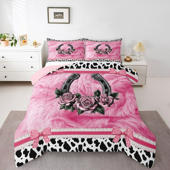 Feelyou Pink Rose Bowknot Queen Comforter Set, Western Horse Shoes ...