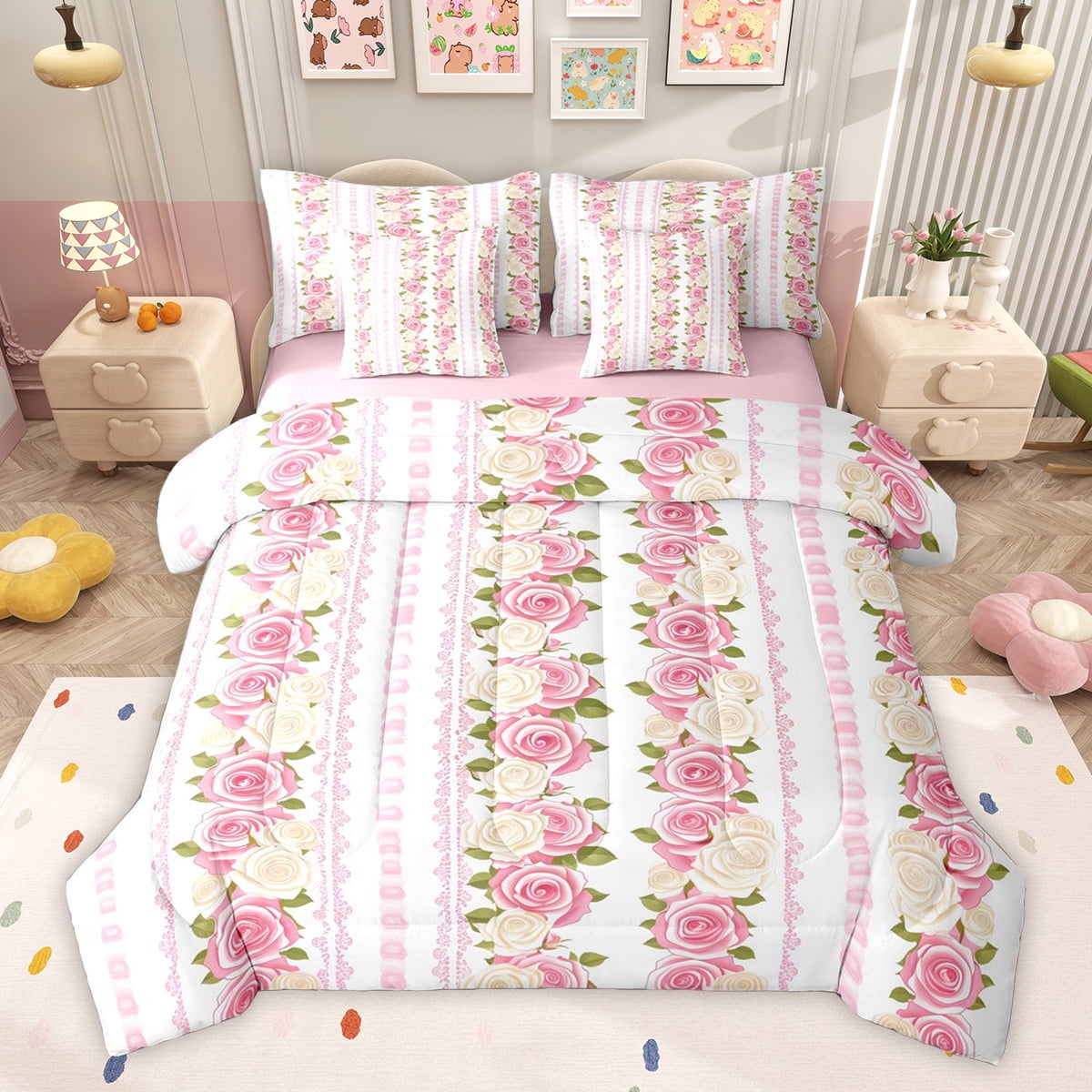 Feelyou Pink Rose Floral Twin Bedding Sets 7-Piece for Girl, Western ...