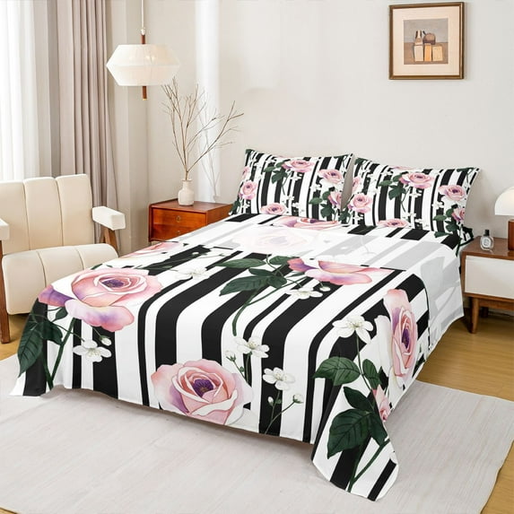 Feelyou Pink Rose Teens Bed Sheets, Black Stripes Lines King Sheets, 4 ...