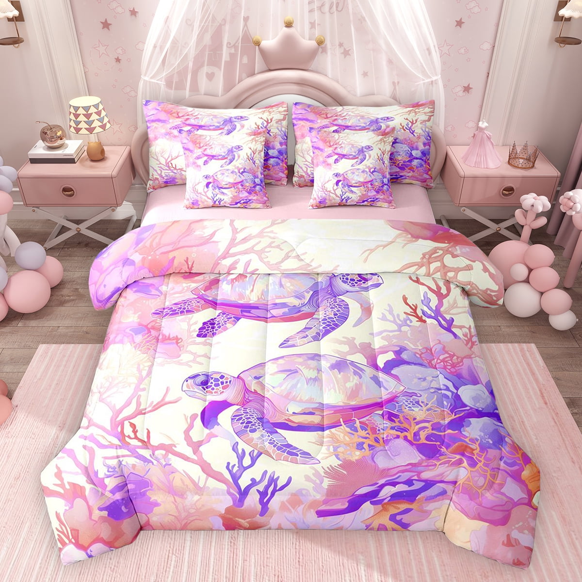 Feelyou Pink Sea Turtle Twin Bedding Sets 7pcs, Watecolor Sea Coral ...