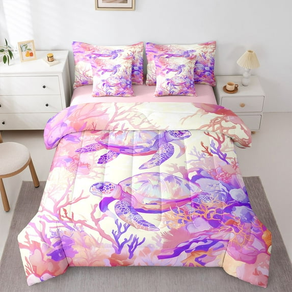 Feelyou Pink Sea Turtle Twin Bedding Sets 7pcs, Watecolor Sea Coral ...
