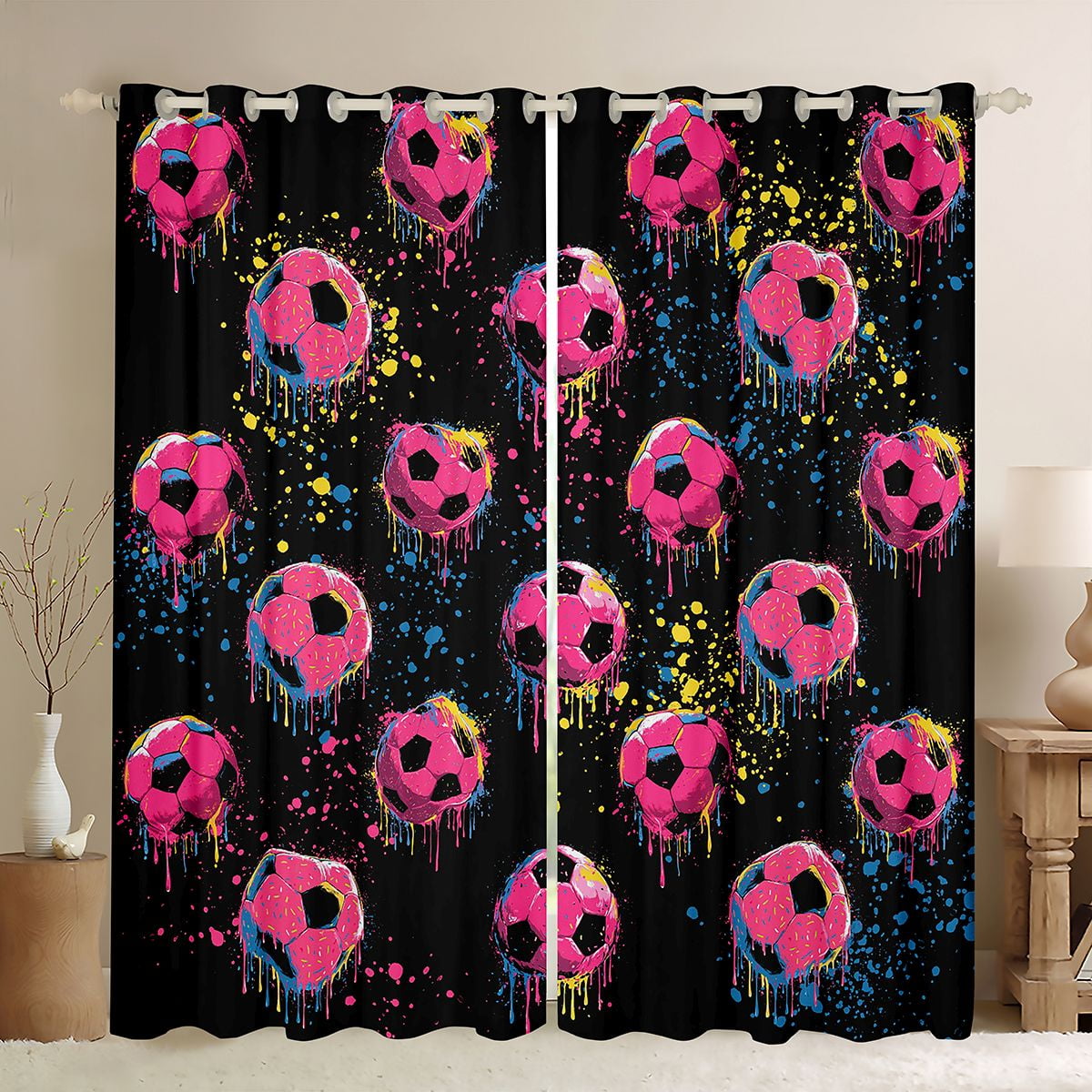 Feelyou Pink Splash Football Curtains Pack of 2 (42x84 Each), Soccer ...