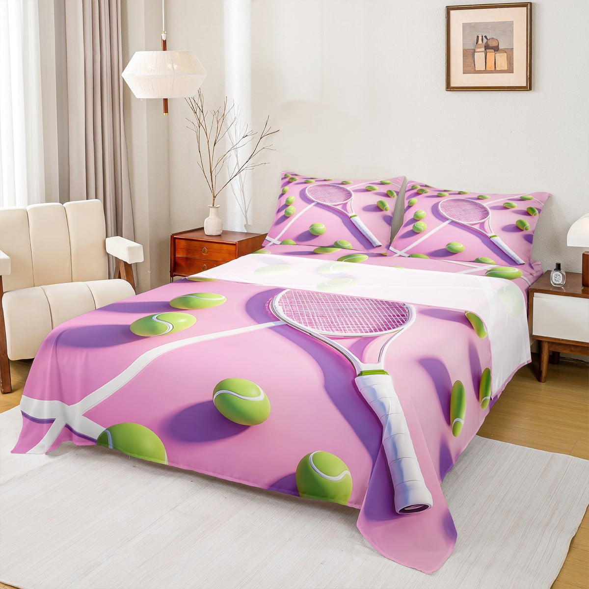 Feelyou Pink Tennis Print Bed Sheets, Cartoon Ball Sports King Sheets ...