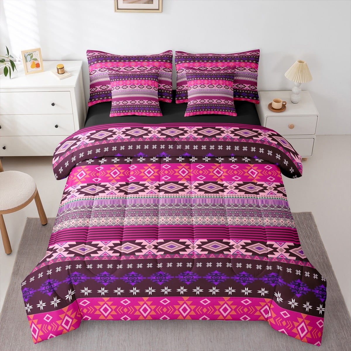 Feelyou Pink Triangle Aztec Bedding Comforter Set 7 Pieces, Boho Rustic ...