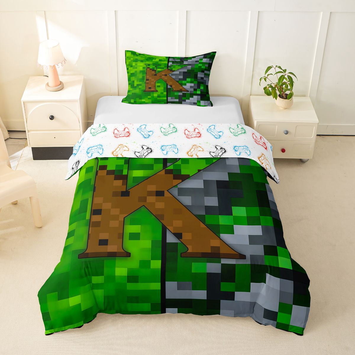 Feelyou Pixel Grid Miners Twin Duvet Cover for Kids Boys, Initial K ...