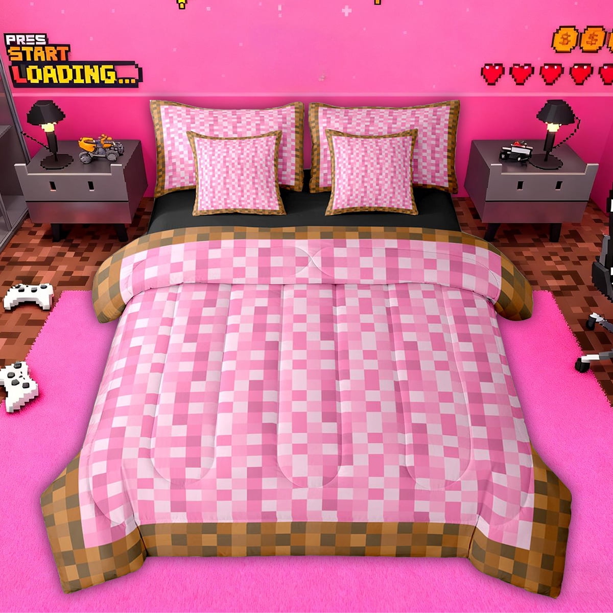 Feelyou Pixelated Blocks Miners Comforter Set 7pcs, Pink Brown Camo ...