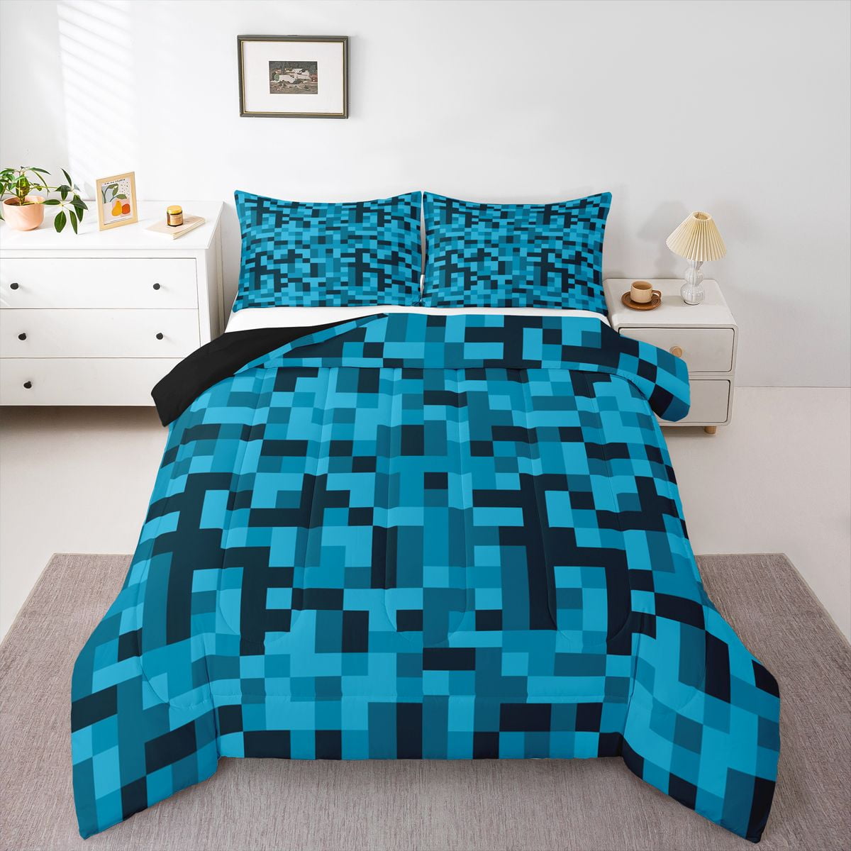 Feelyou Pixelated Blocks Miners Full Size Comforter Sets, Blue Abstract ...