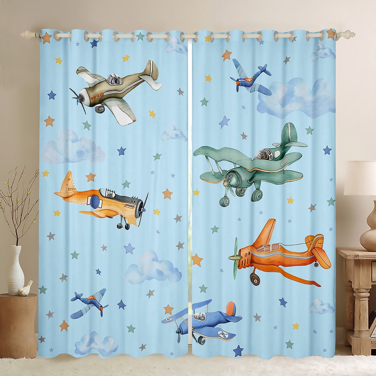 Feelyou Plane Aircraft Print Black Out Curtains for Kids, Blue Stars ...