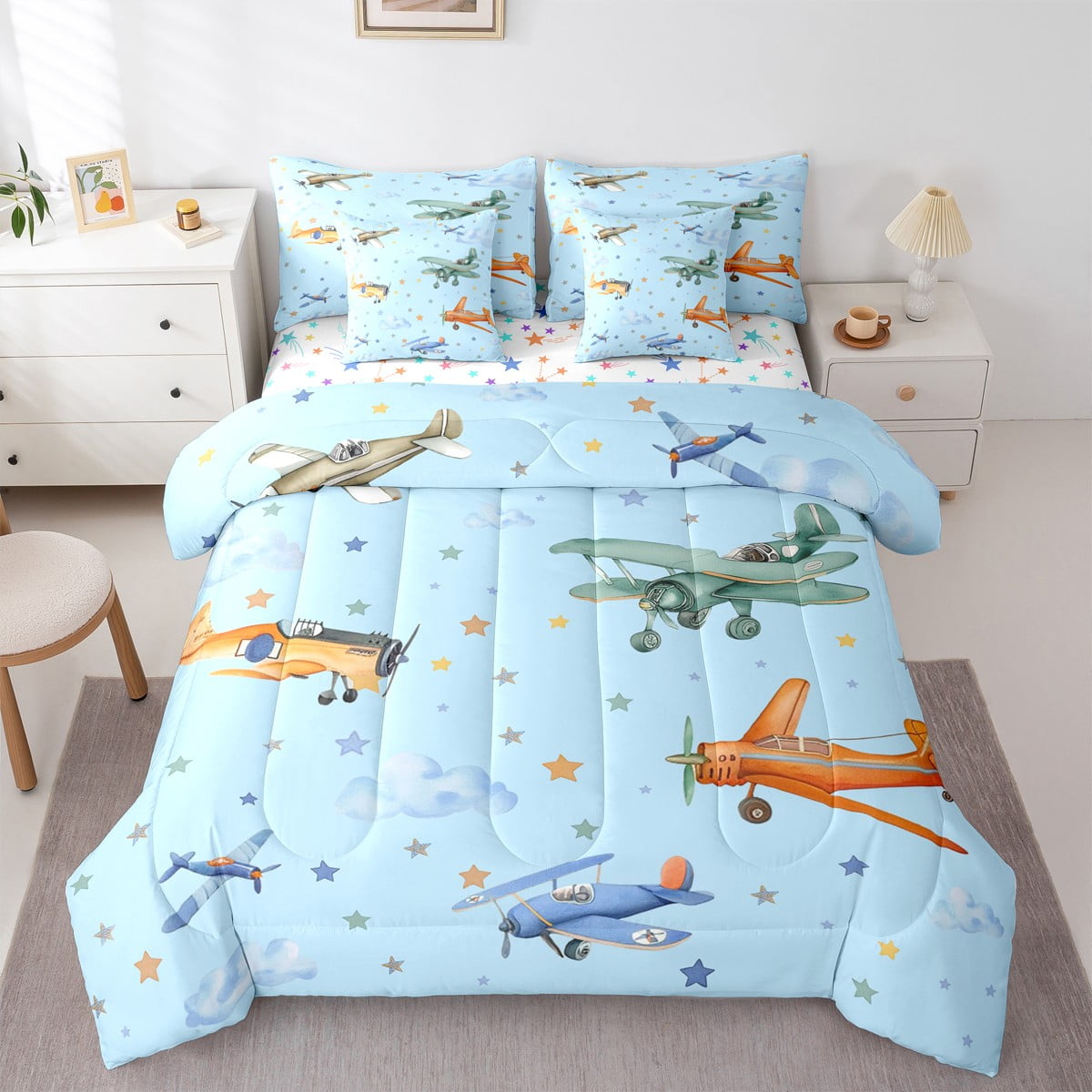 Feelyou Plane Aircraft Print Twin Bedding Sets 7-Piece for Kids, Blue ...