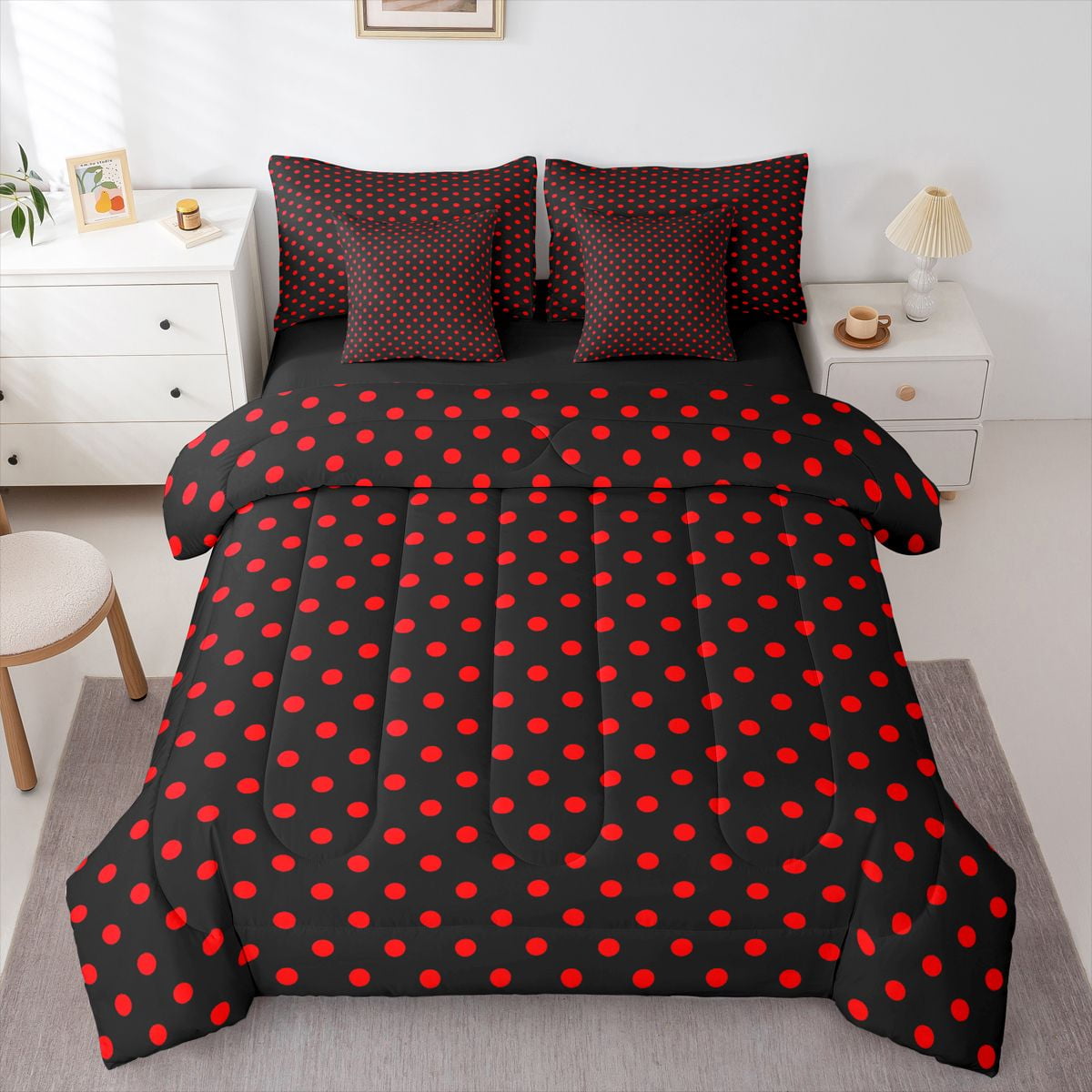 Feelyou Polkadot Kid Bedding Comforter Set 7pcs, Fashion Black Red King ...