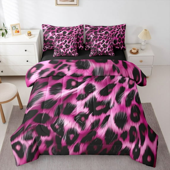 Feelyou Polkadot Leopard Print Comforter Set 7pcs, Fashion Black Pink ...
