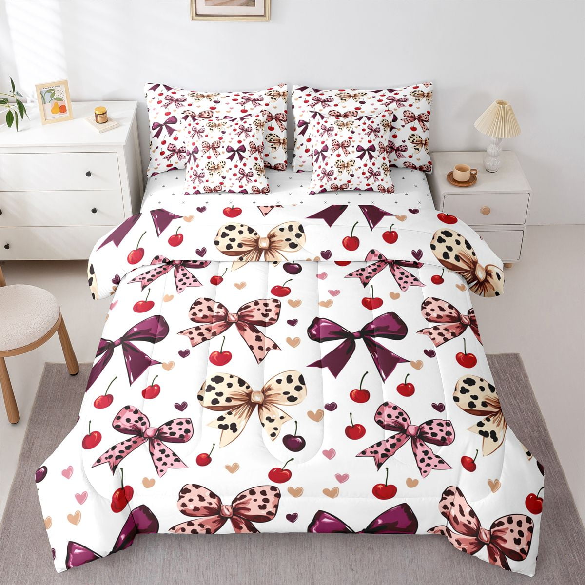 Feelyou Polkadots Ribbon Bow Comforter Set 7pcs, Cherry Love Heart King ...
