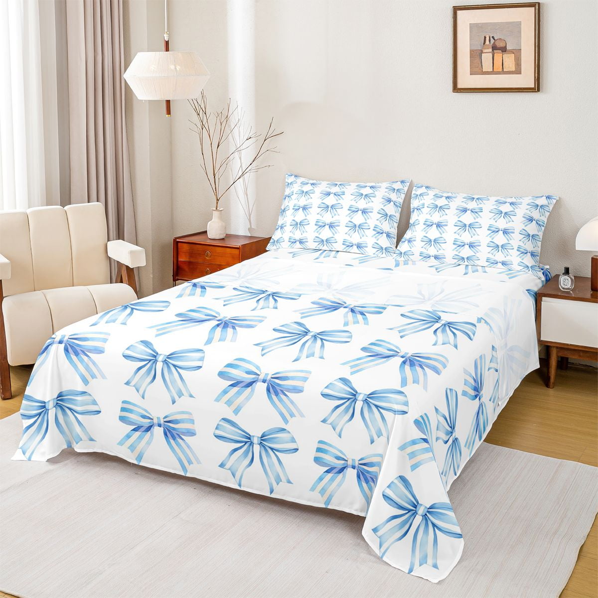 Feelyou Princess Blue Bow Bed Sheets, Kawaii Lines Bowknot King Sheets ...