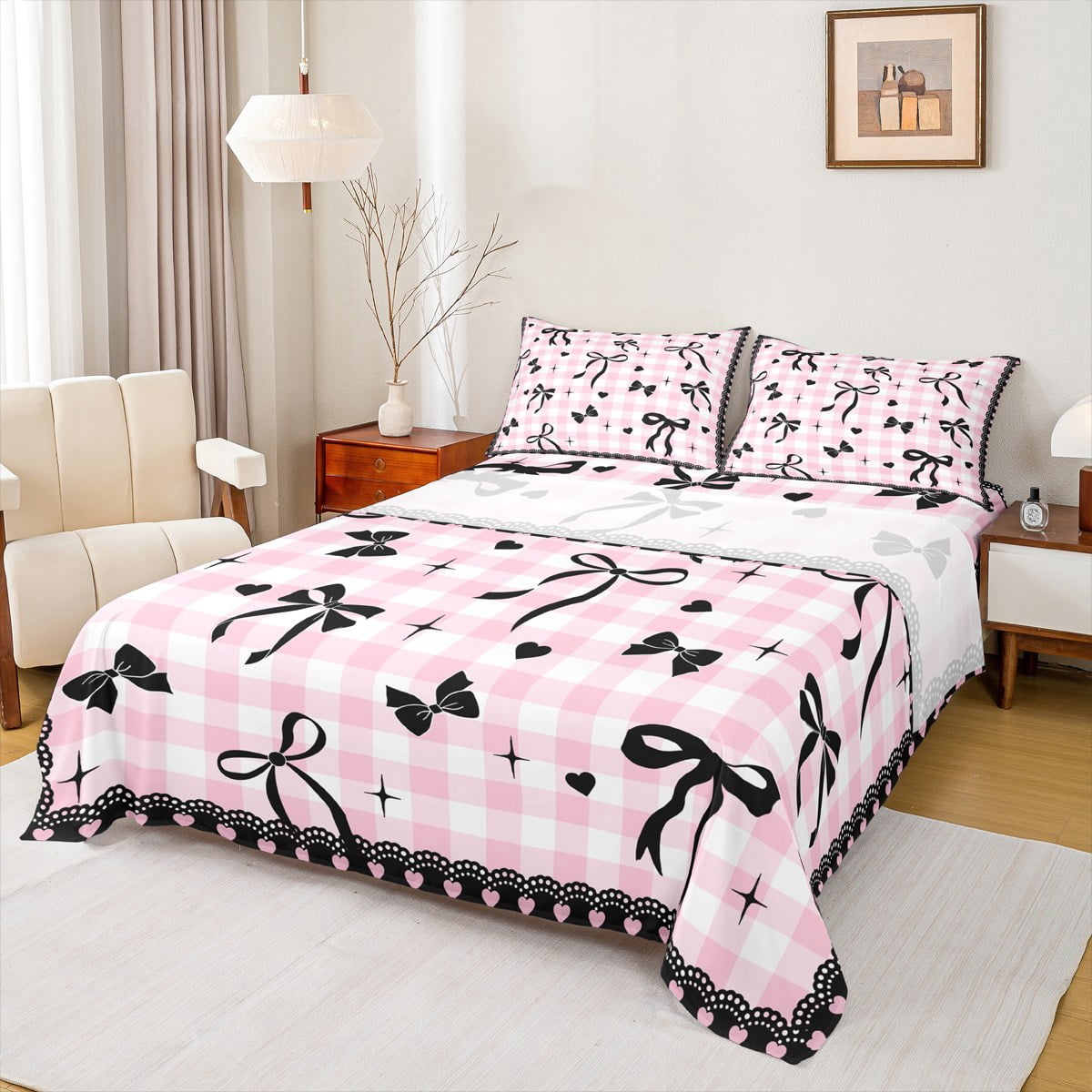 Feelyou Princess Bow Full Size Sheets, White Pink Plaid Buffalo Bed ...