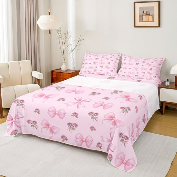Feelyou Princess Cute Bow Full Size Sheets, Romantic Pink Rose Bed ...