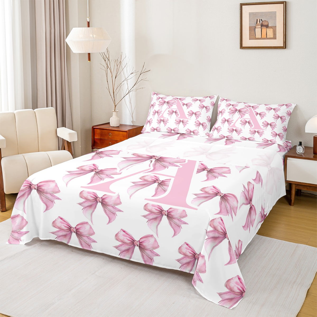 Feelyou Princess Initial A Letter Twin Sheet Sets, Fashion Pink Bowknot ...