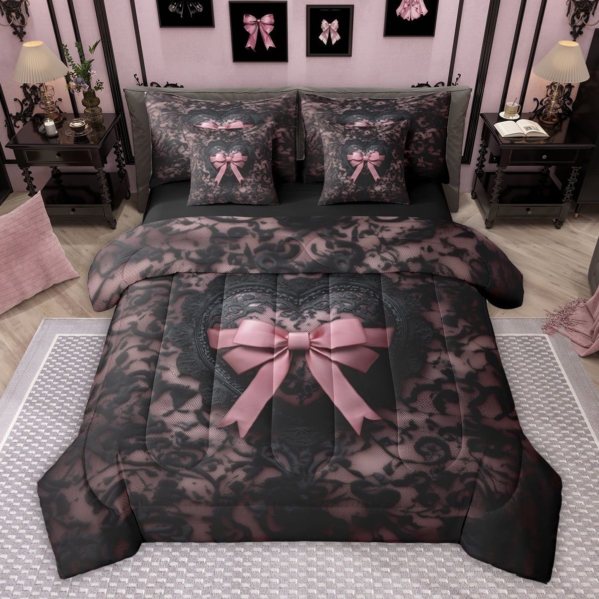 Feelyou Princess Kawaii Bow Bedding Comforter Set 7pcs for Kids, Black ...