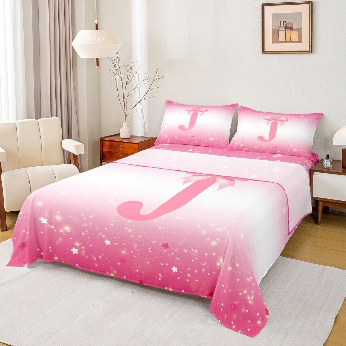 Feelyou Princess Monogrammed J Queen Sheet Sets, Kids Bow Letter Bed ...