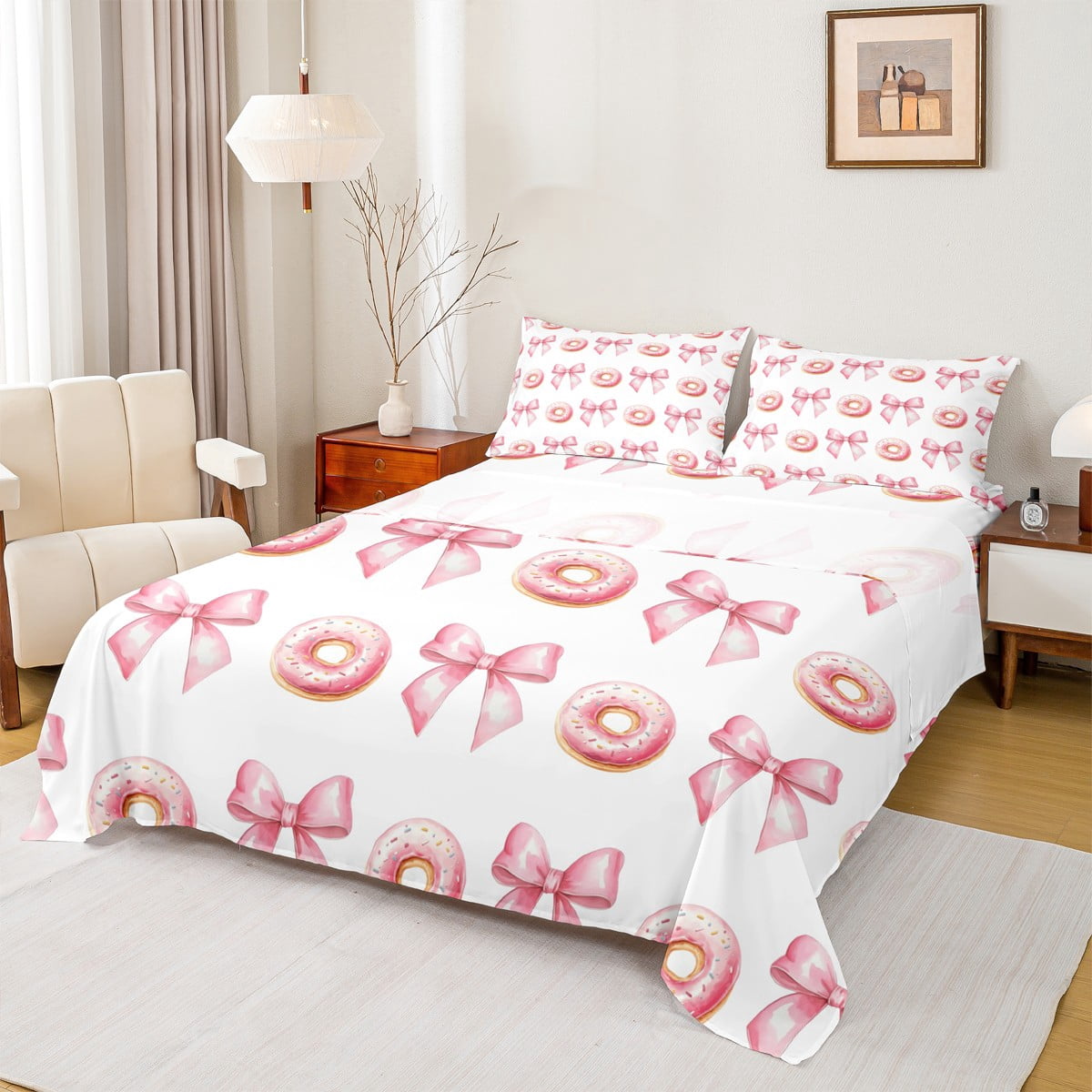 Feelyou Princess Pink Bowknot Full Size Sheets for Kids, Cartoon Donut ...