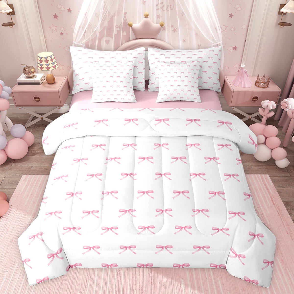 Feelyou Princess Pink Bowknot Twin Bedding Sets 7-Piece for Kids, Chic ...