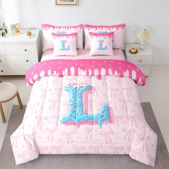 Feelyou Princess Ribbon Bow Comforter Set 7pcs, Pink Donut Initial L ...